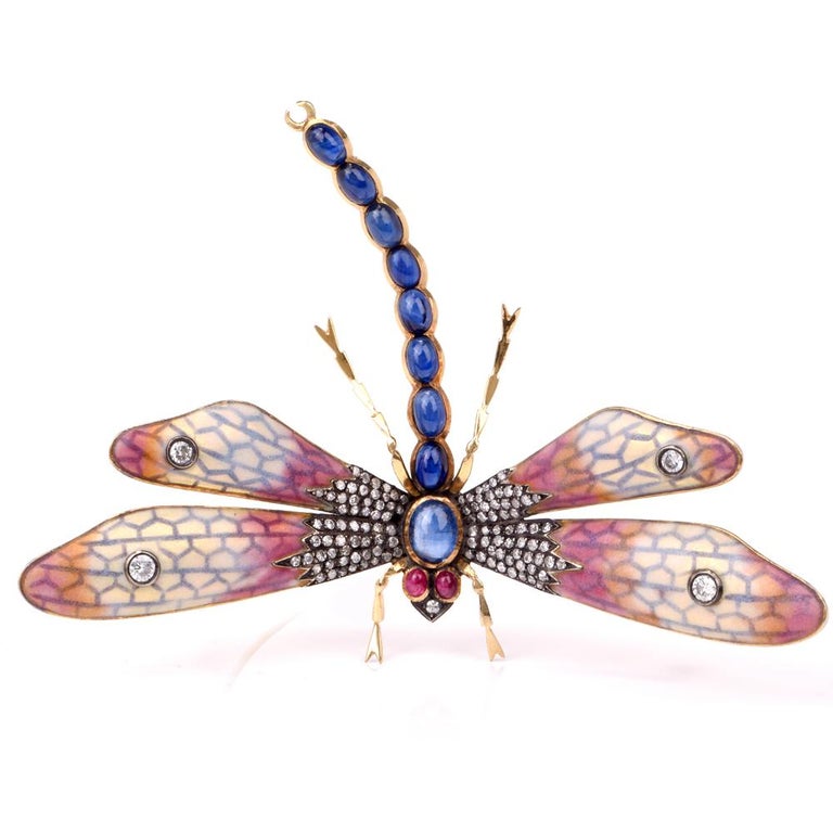 Diamond Multi-Gem Enamel Dragonfly Pin Brooch For Sale at 1stDibs