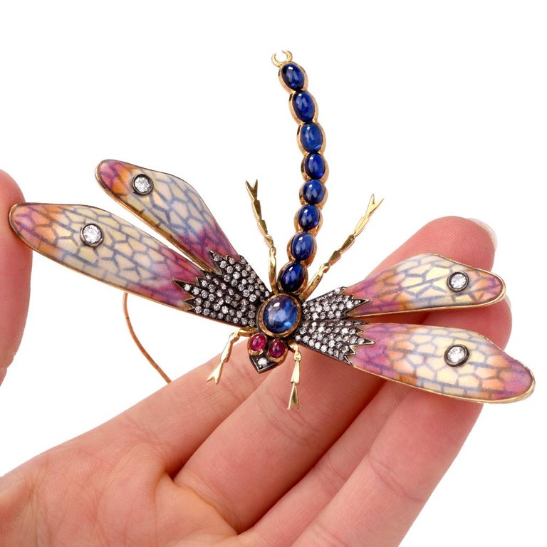 Diamond Multi-Gem Enamel Dragonfly Pin Brooch For Sale at 1stDibs