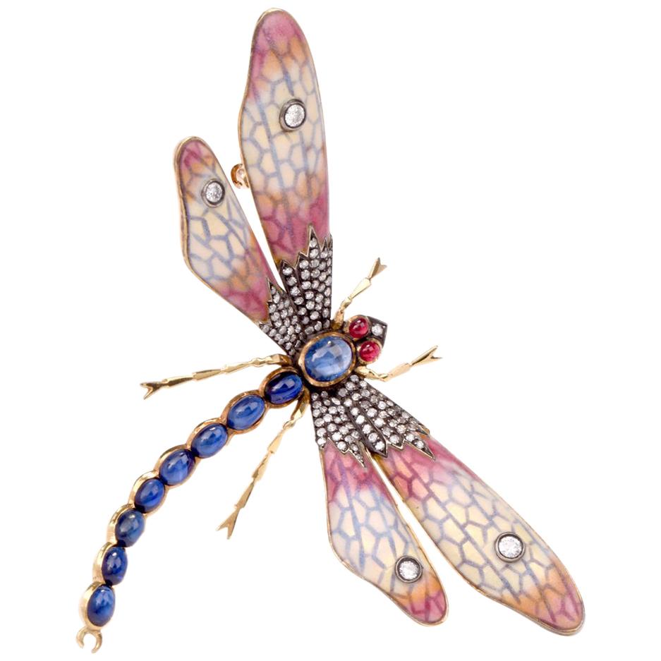 Diamond Multi-Gem Enamel Dragonfly Pin Brooch For Sale at 1stDibs
