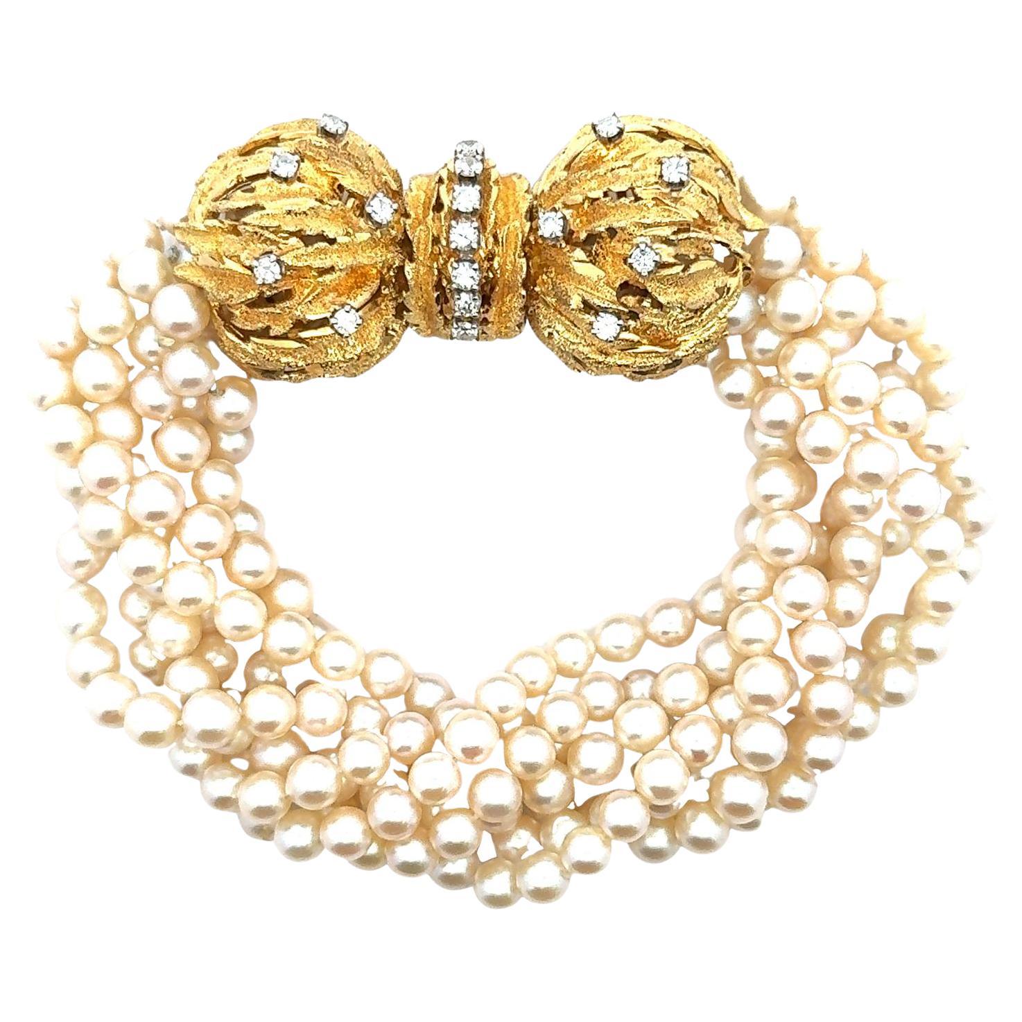 Diamond Multi Strand Pearl 18 Karat Yellow Gold Twist Bracelet For Sale ...