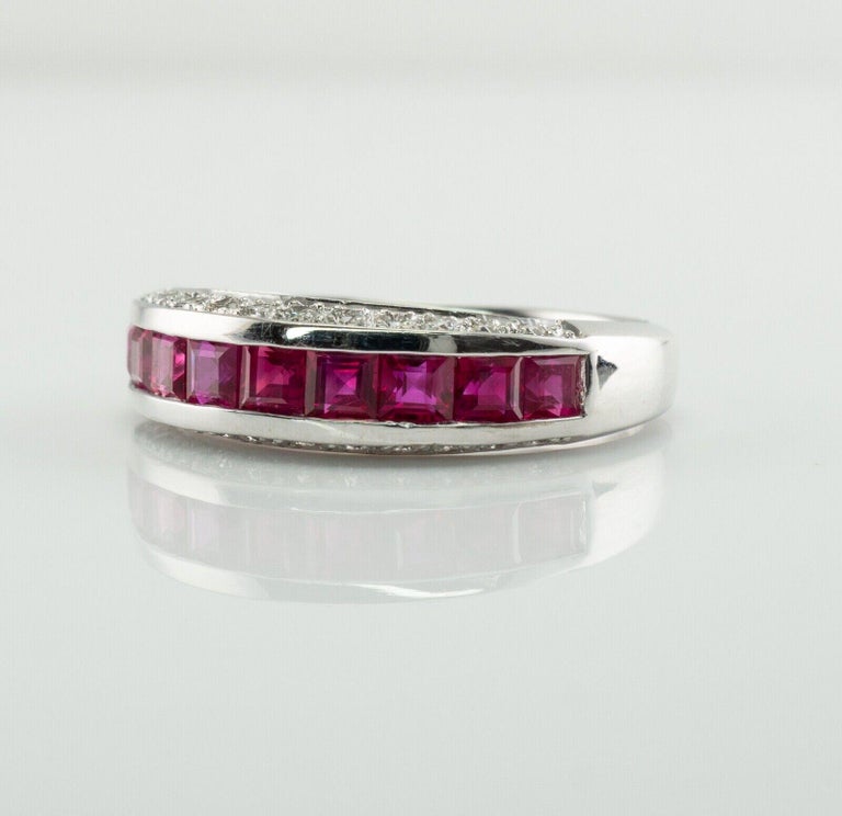 Diamond Natural Ruby Ring Band 18K White Gold For Sale at 1stDibs