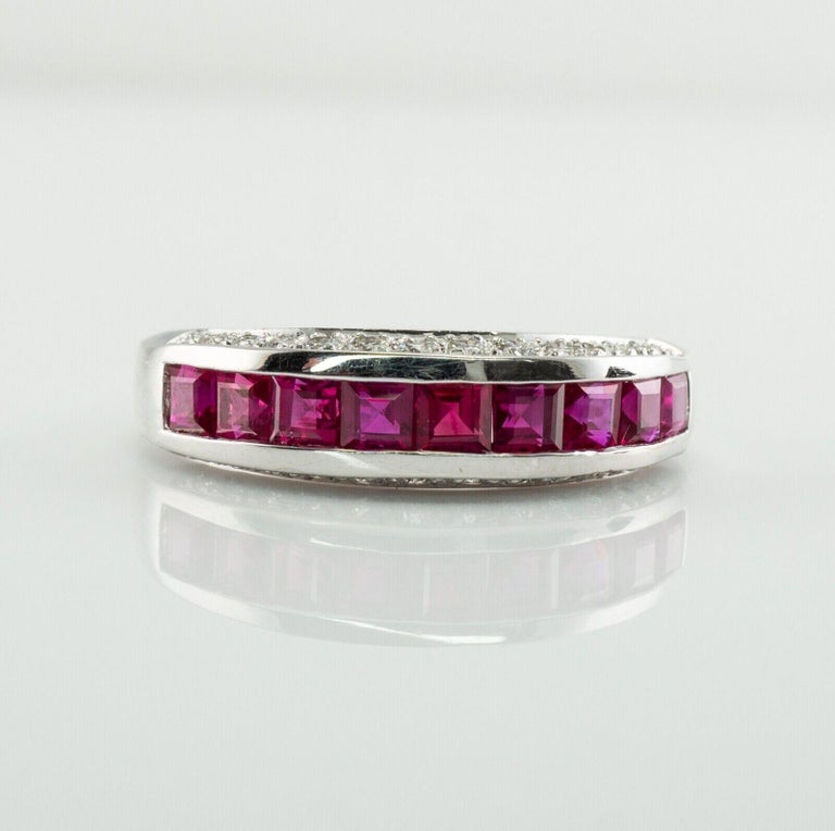 Diamond Natural Ruby Ring Band 18K White Gold For Sale at 1stDibs