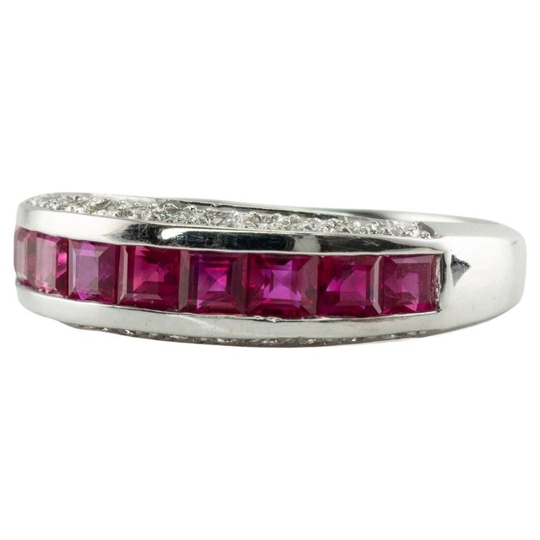 Diamond Natural Ruby Ring Band 18K White Gold For Sale at 1stDibs