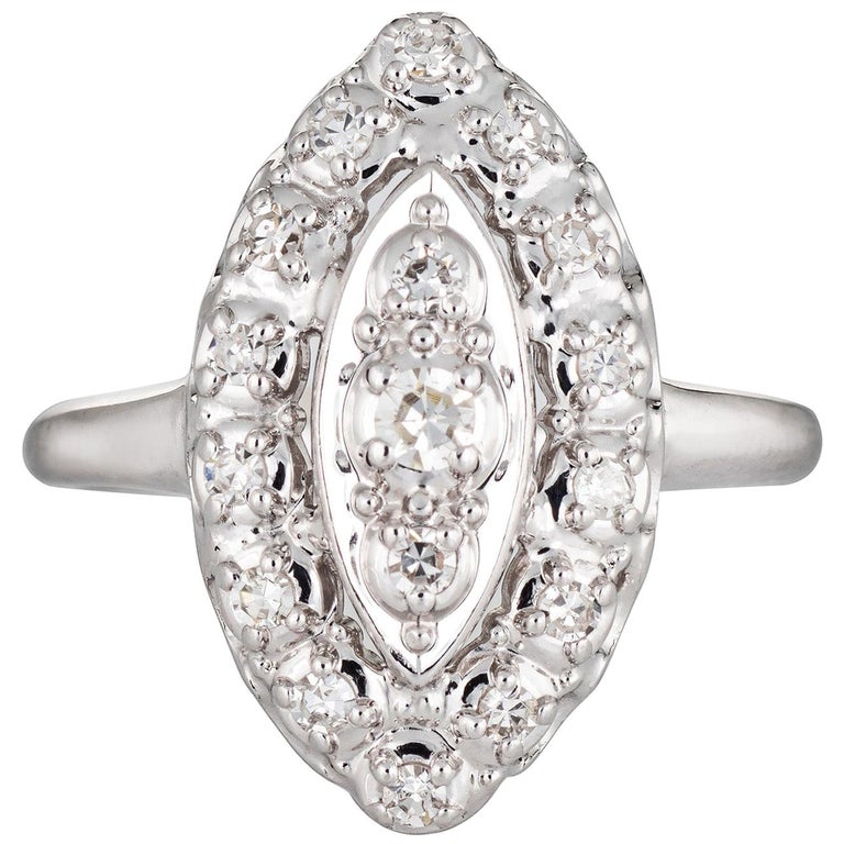 Diamond Navette Ring Vintage 14 Karat Gold Small Cocktail Jewelry ...