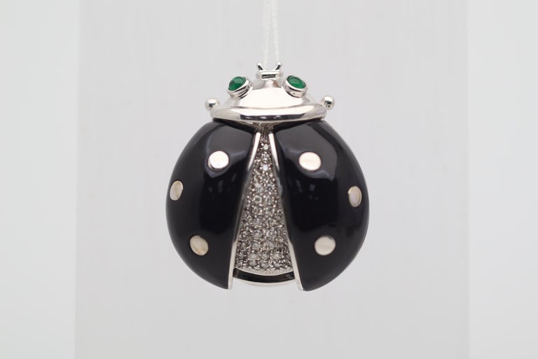 Diamond Onyx Emerald Gold Ladybug Pendant Brooch For Sale at 1stDibs