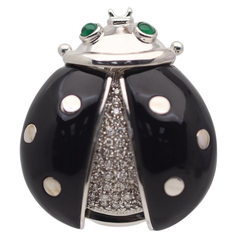 Diamond Onyx Emerald Gold Ladybug Pendant Brooch For Sale at 1stDibs