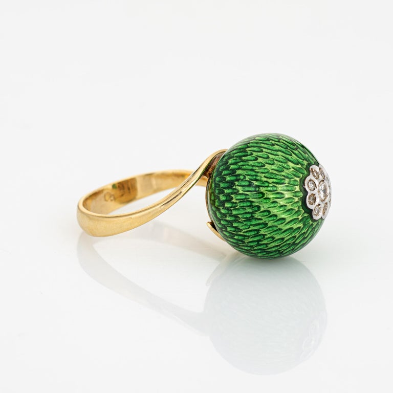 Diamond Orb Ring Vintage Guilloche Green Enamel 18k Yellow Gold Jewelry ...