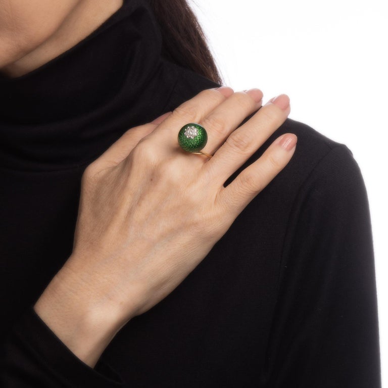 Diamond Orb Ring Vintage Guilloche Green Enamel 18k Yellow Gold Jewelry ...