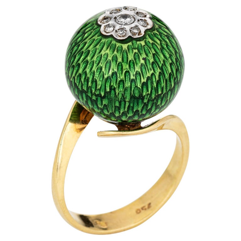 Diamond Orb Ring Vintage Guilloche Green Enamel 18k Yellow Gold Jewelry ...