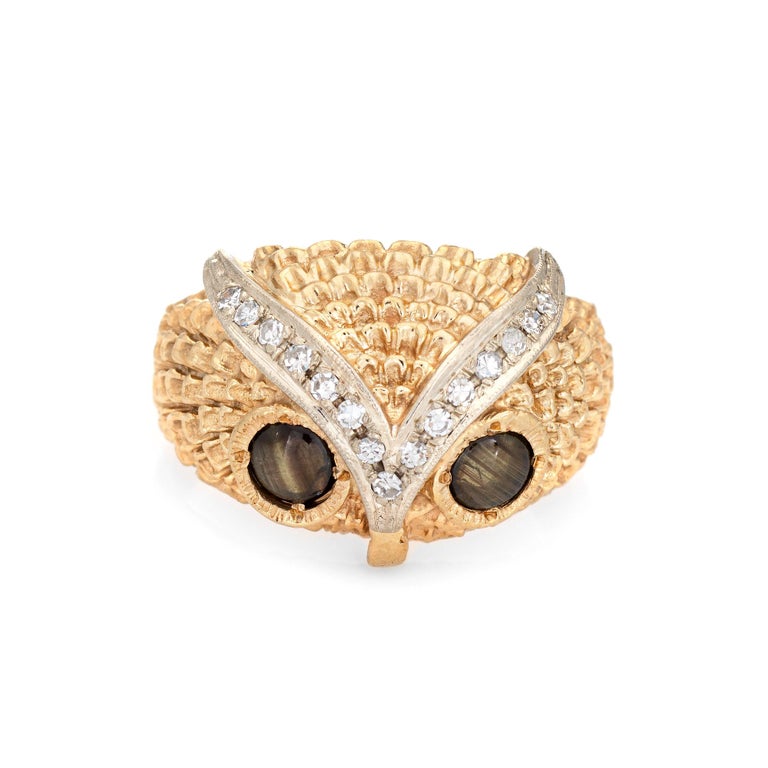 Diamond Owl Ring Vintage 14k Yellow Gold Cats Eye Chrysoberyl Eyes Fine ...