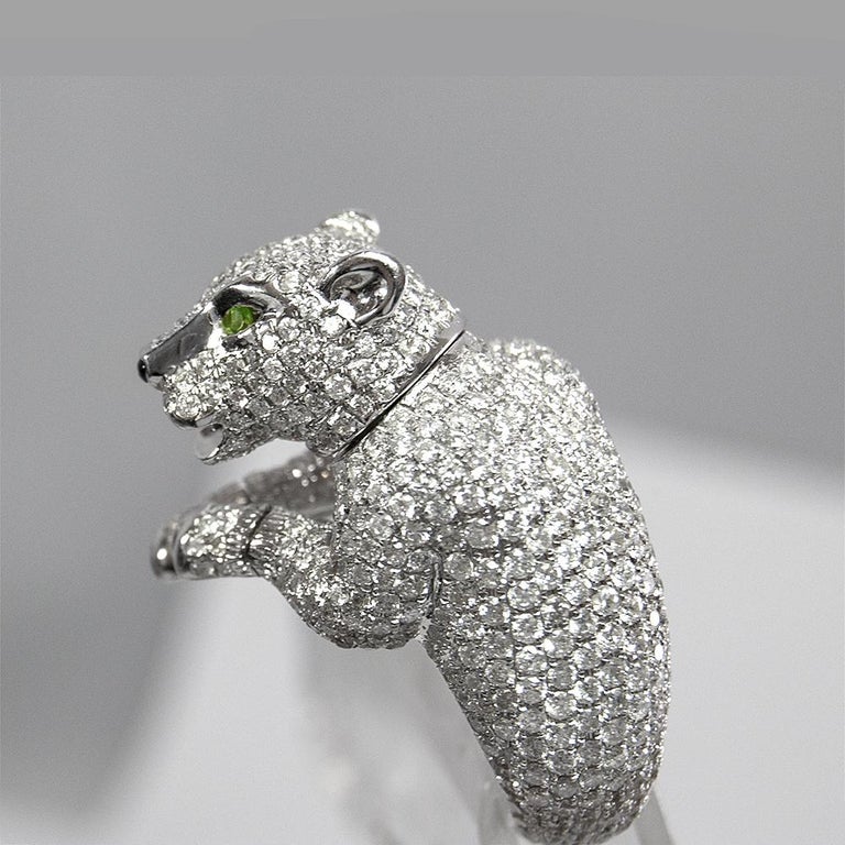 Diamond Panther Ring 18 Karat White Gold with Green Eyes Animal ...