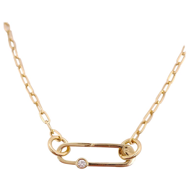 Diamond Paper Clip Charm and Chain, 14K Yellow Gold .05 Carat Diamond ...