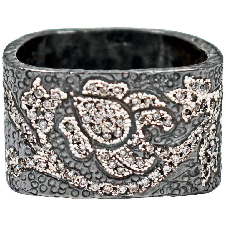 Diamond Pavé Engraved Oxidized Sterling Silver Square Ring For Sale at ...