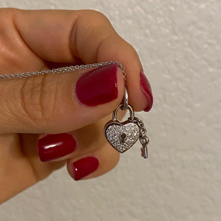 Diamond Pave Heart Lock and Key Gold Pendant Necklace Estate Fine ...