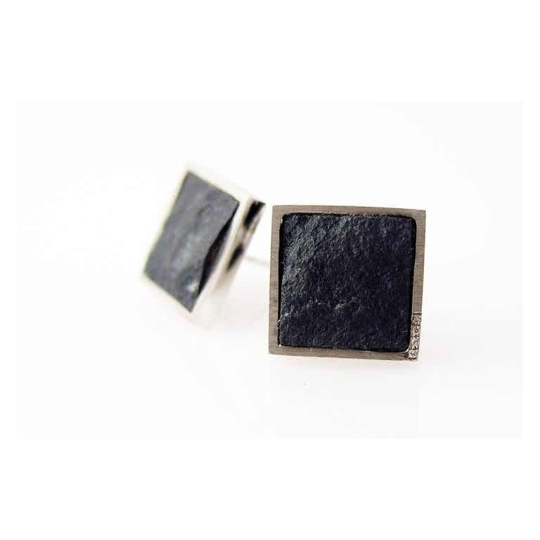 Diamond Pave' in White Gold on Rough Hematite Square Stud Earrings For ...