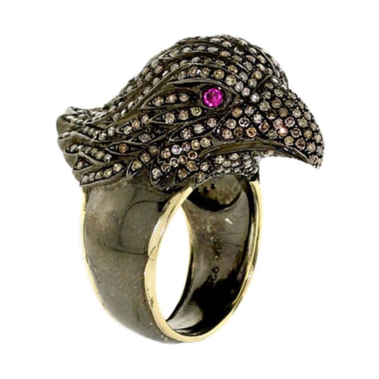 Designer Pave Diamond Raven Ring With Ruby In 14k Gold For Sale at 1stDibs