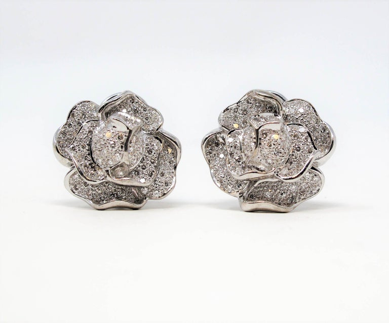 Diamond Pave Rose Flower Motif Pierced Earrings 18 Karat White Gold 1. ...