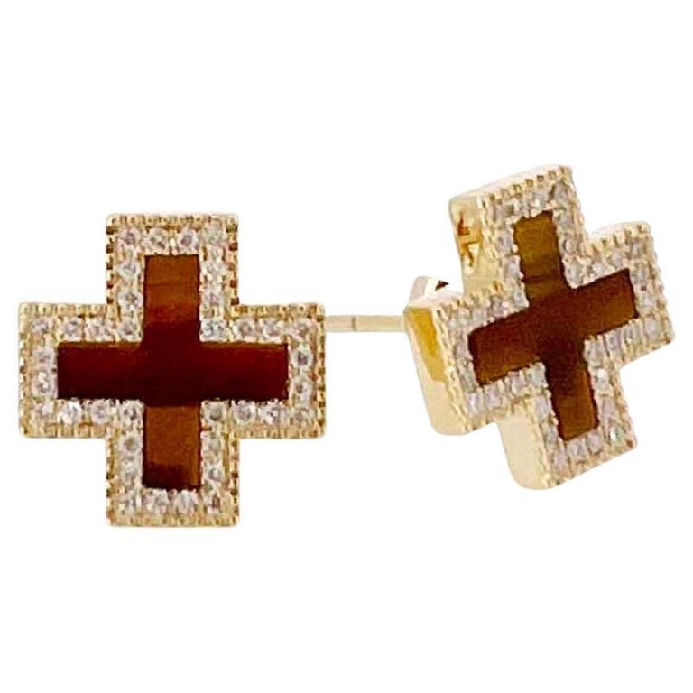 Diamond Pave Tiger Eye Inlay Heirloom Studs 14K Yellow Gold For Sale at ...