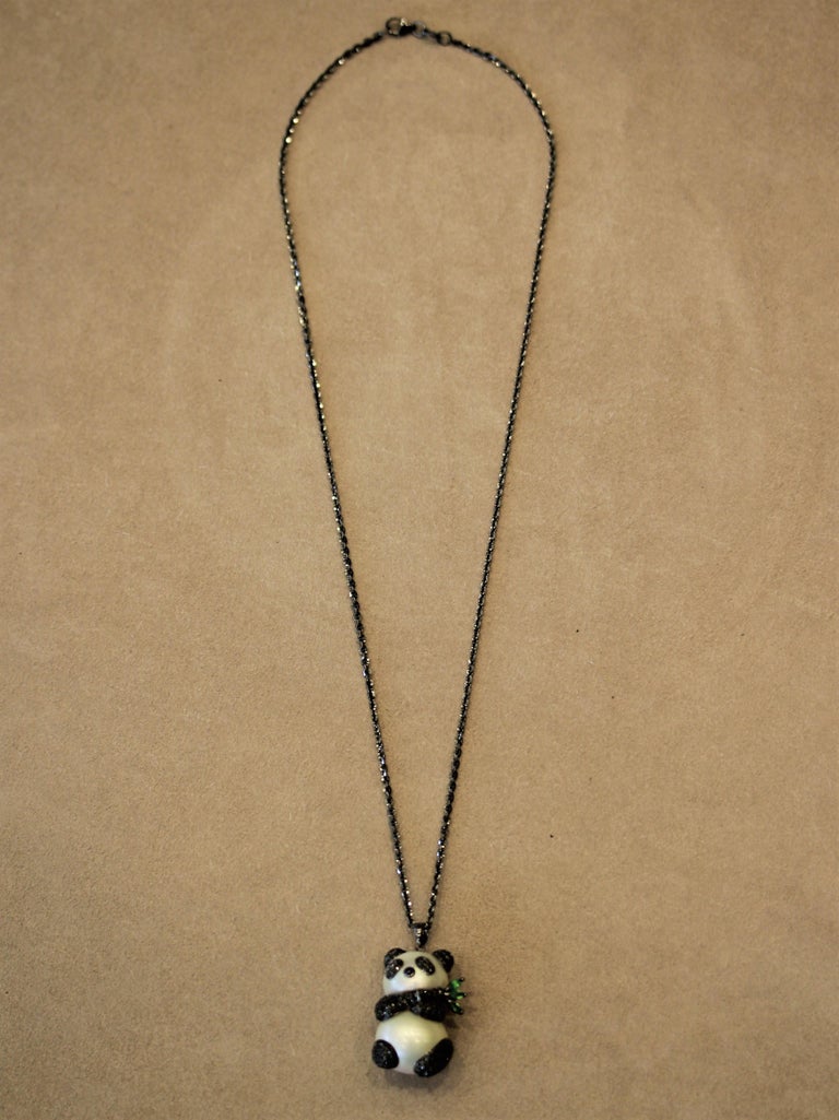 Diamond Pearl Gold Panda Pendant Necklace For Sale at 1stDibs