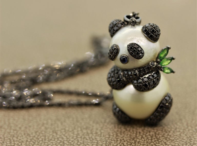 Diamond Pearl Gold Panda Pendant Necklace For Sale at 1stDibs