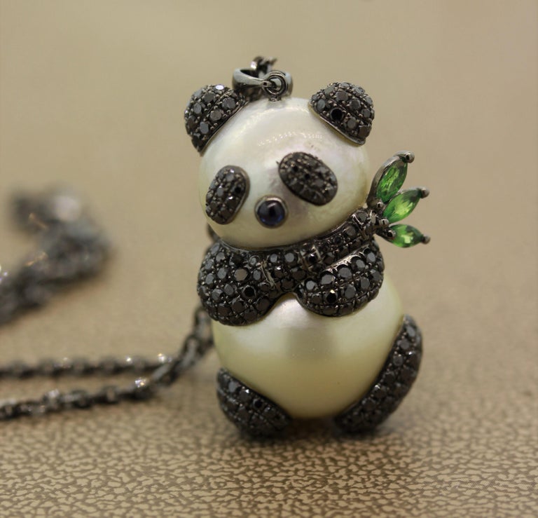 Diamond Pearl Gold Panda Pendant Necklace For Sale at 1stDibs