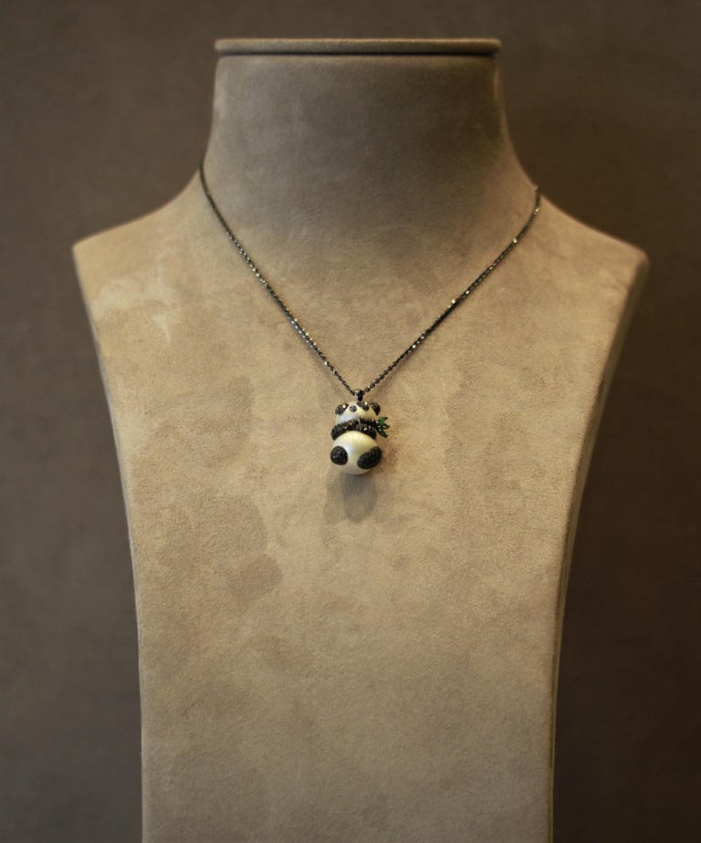 Diamond Pearl Gold Panda Pendant Necklace For Sale at 1stDibs