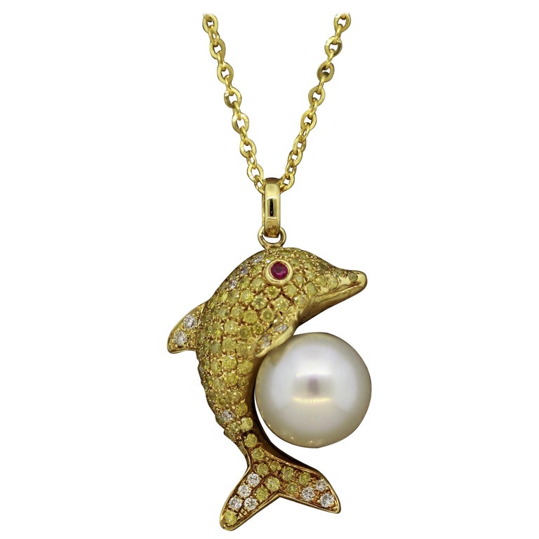 Diamond Pearl Ruby Gold Dolphin Pendant at 1stDibs