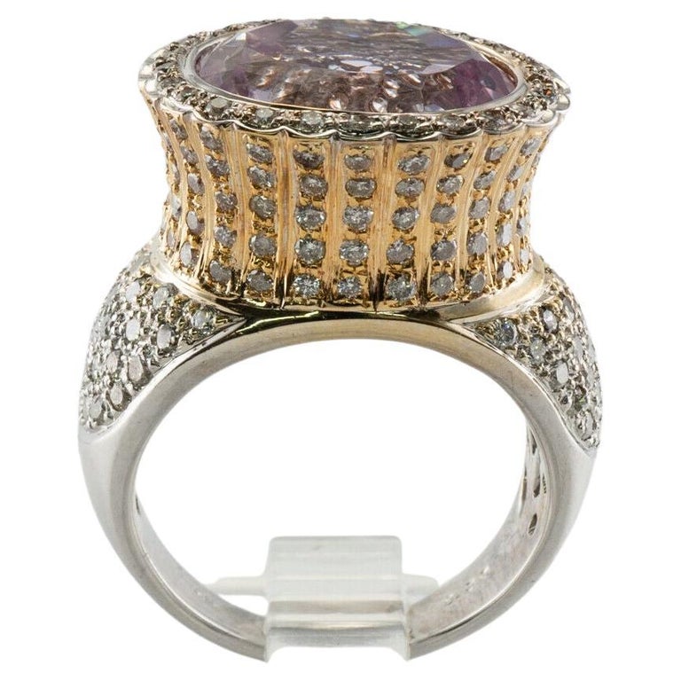 Diamond Pink Kunzite Ring 14K Gold Cocktail For Sale at 1stDibs