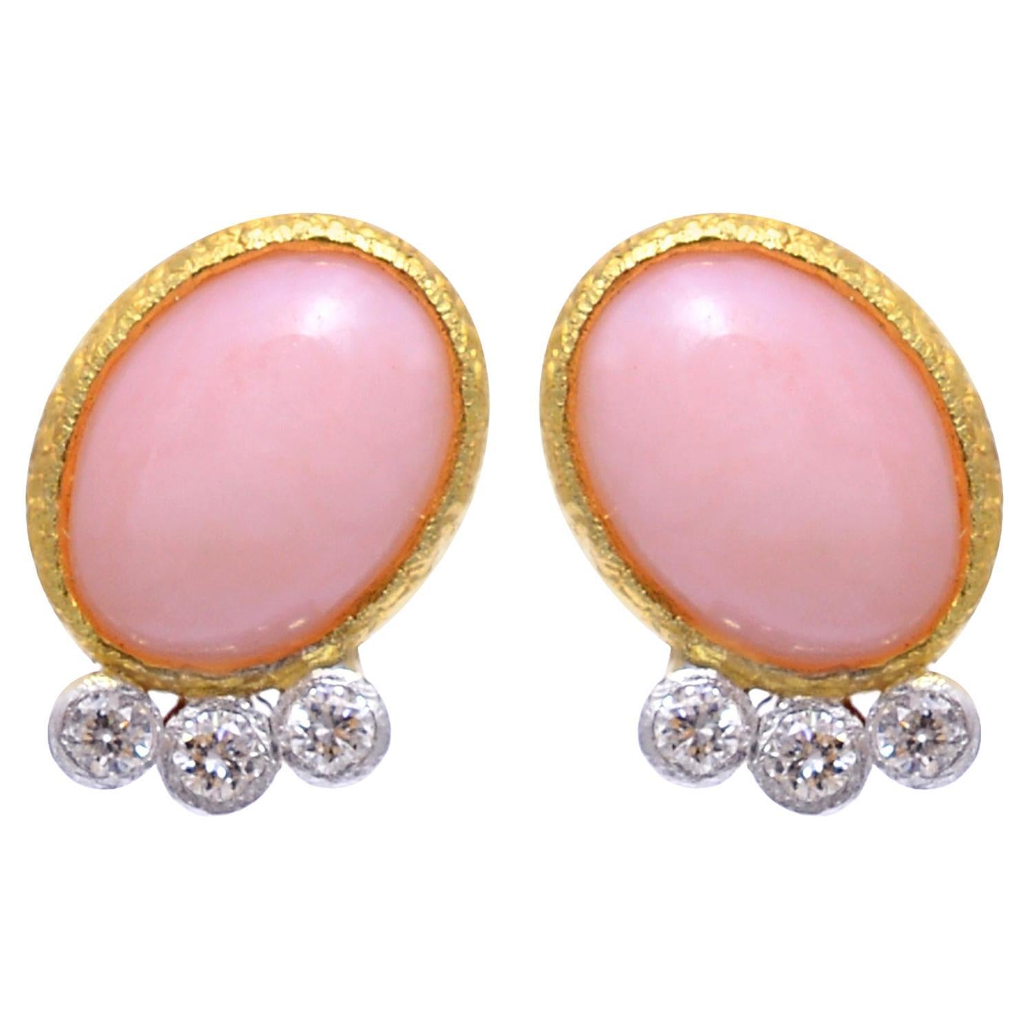 18k gold 0.09cts Diamond and 1.67cts Pink Opal Earring For Sale at 1stDibs