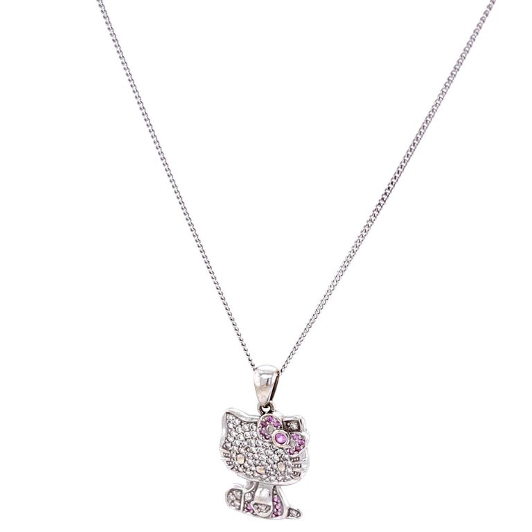 Diamond Pink Sapphire 18 Karat White Gold Hello Kitty Necklace For Sale ...