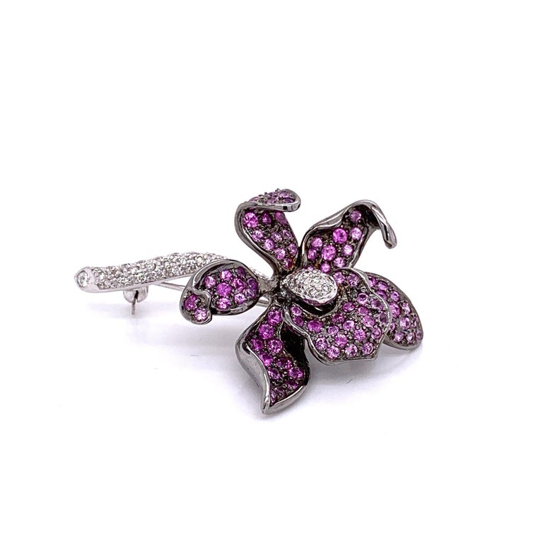 Diamond Pink Sapphire Gold Orchid Pin Brooch For Sale at 1stDibs