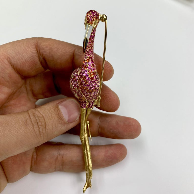 Diamond Pink Orange Sapphire Enamel 18 Karat Yellow Gold Flamingo ...