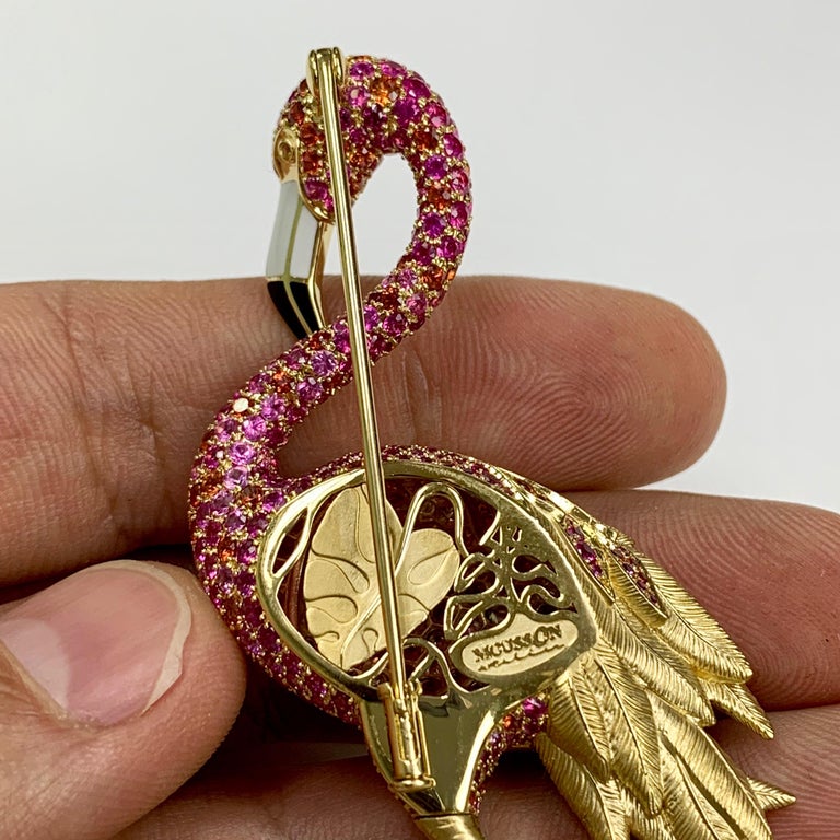Diamond Pink Orange Sapphire Enamel 18 Karat Yellow Gold Flamingo ...