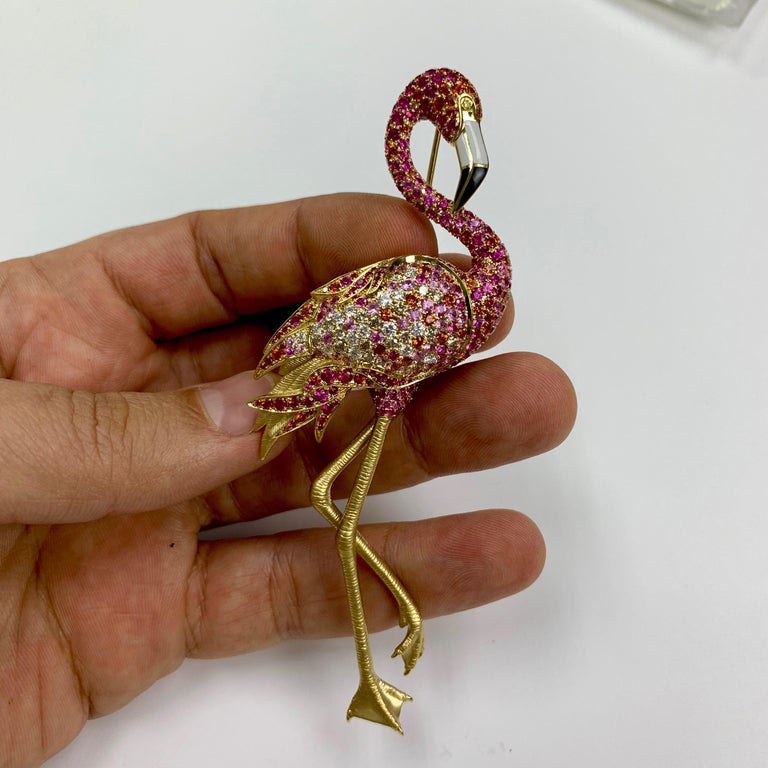 Diamond Pink Orange Sapphire Enamel 18 Karat Yellow Gold Flamingo ...