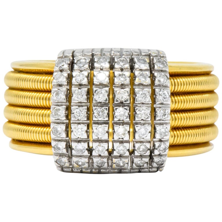 Diamond Platinum 18 Karat Yellow Gold Italian Coil Ring For Sale at 1stDibs