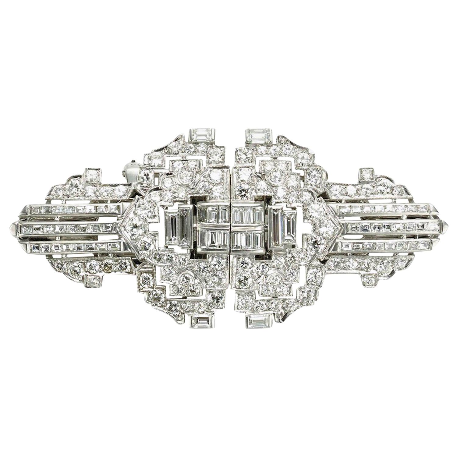 Retro Platinum Diamond Double Clip Brooch at 1stDibs