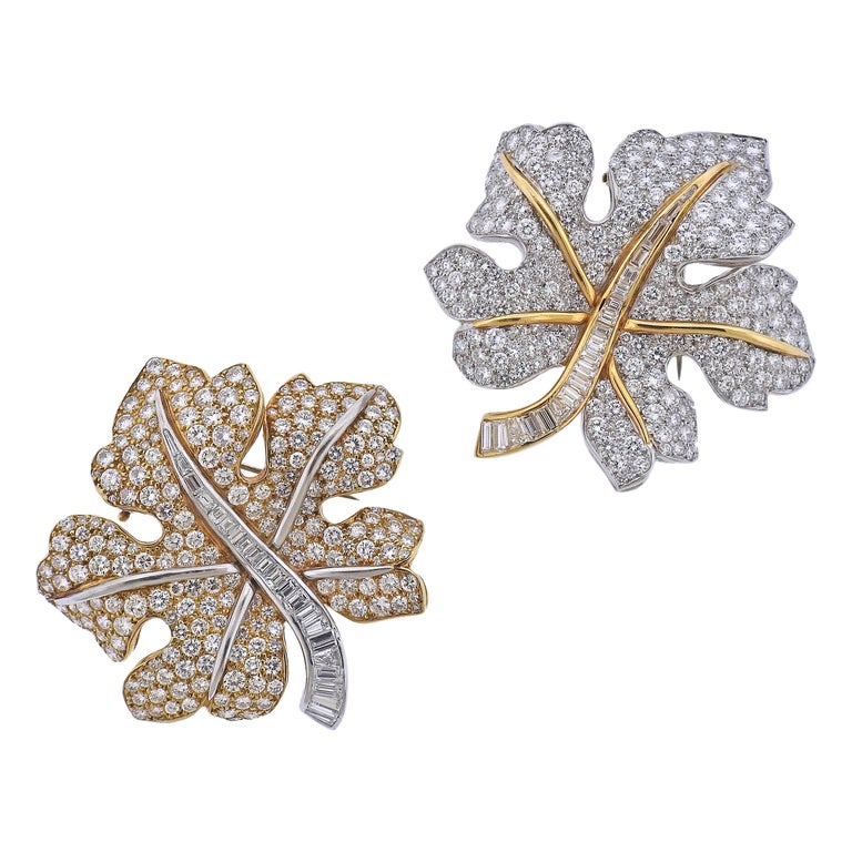 Diamond Platinum Gold Leaf Brooch Set For Sale at 1stDibs