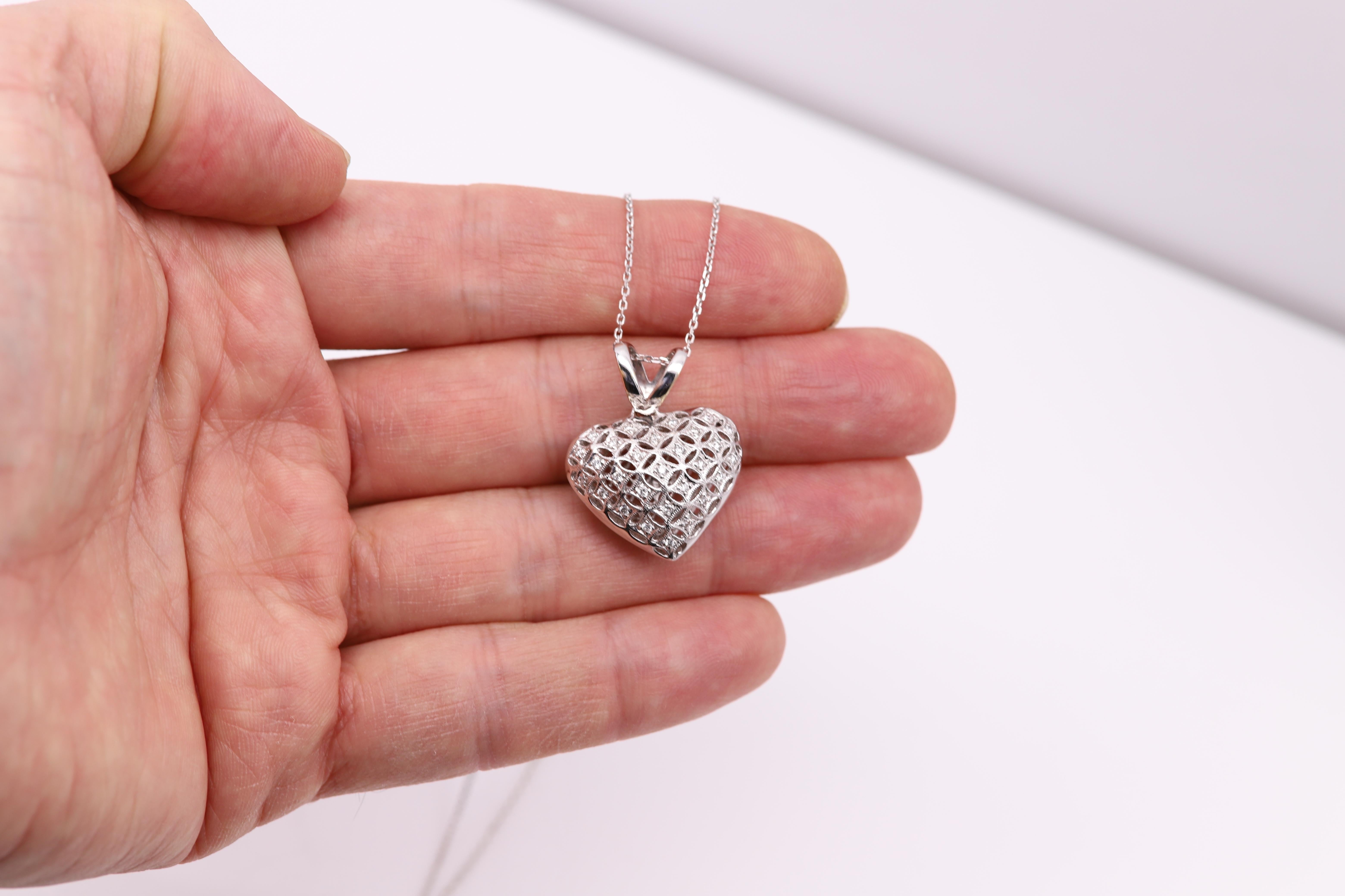 Diamond Puff Heart Necklace 18 Karat White Gold Natural Diamonds Heart ...