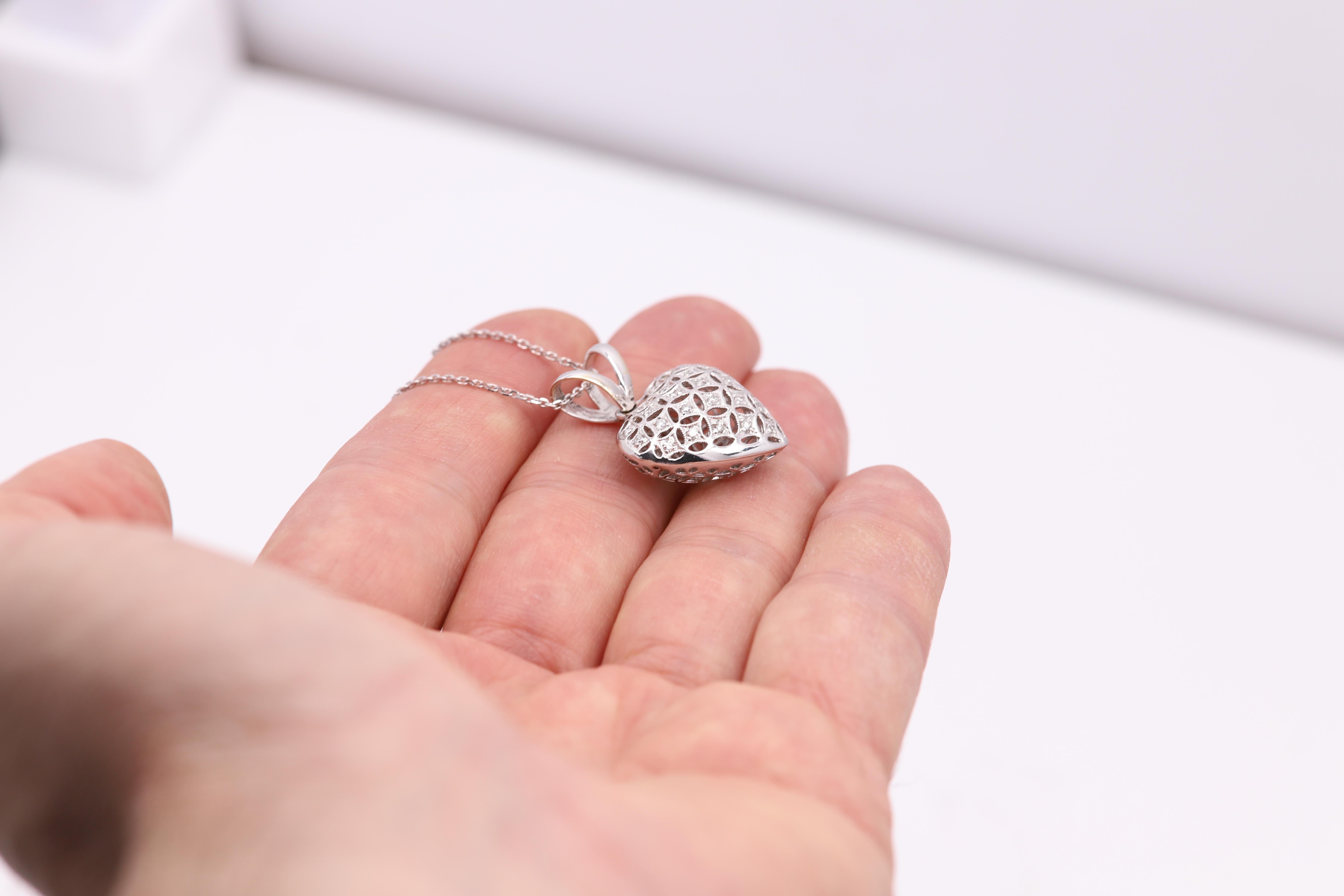 Diamond Puff Heart Necklace 18 Karat White Gold Natural Diamonds Heart ...