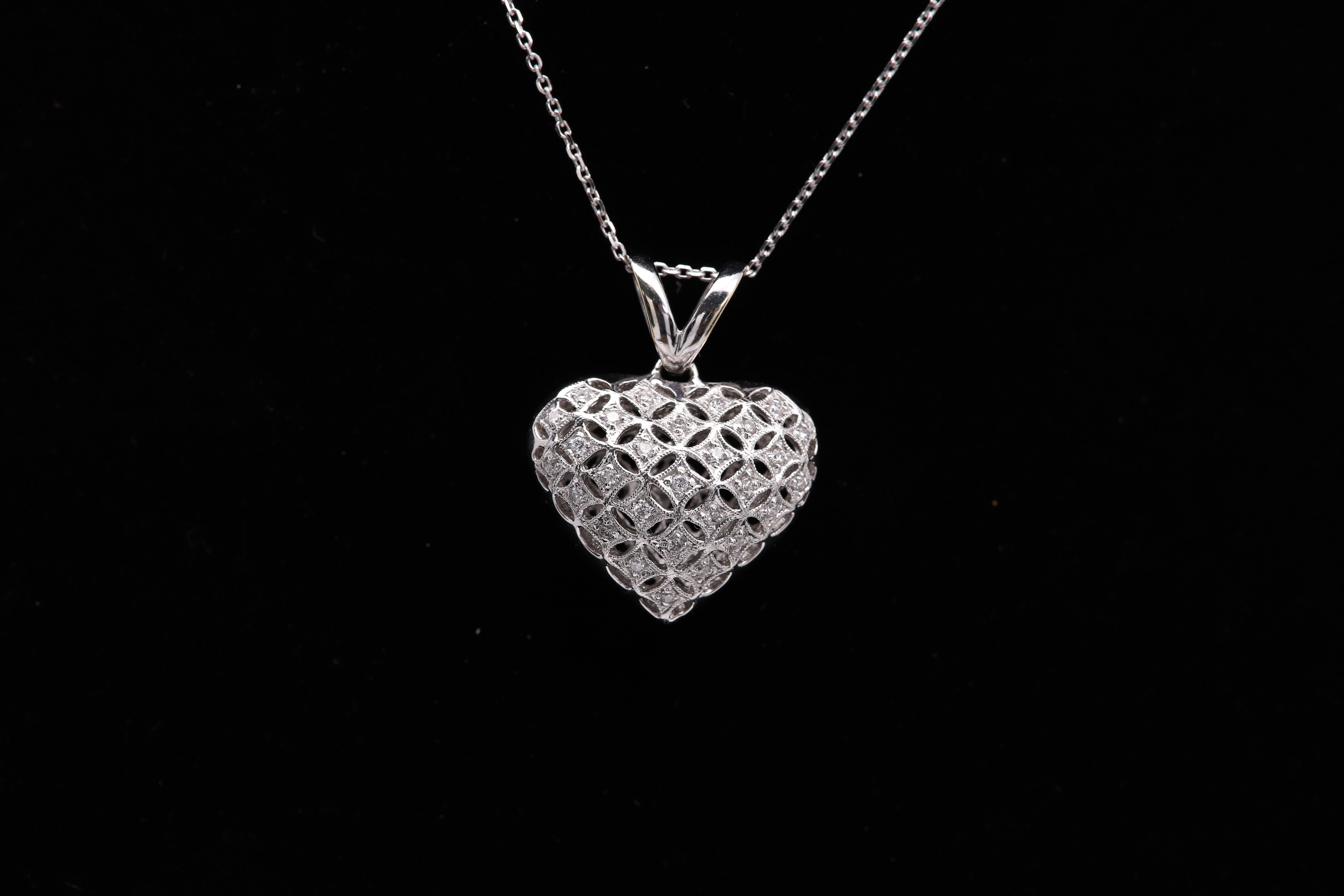 Diamond Puff Heart Necklace 18 Karat White Gold Natural Diamonds Heart ...