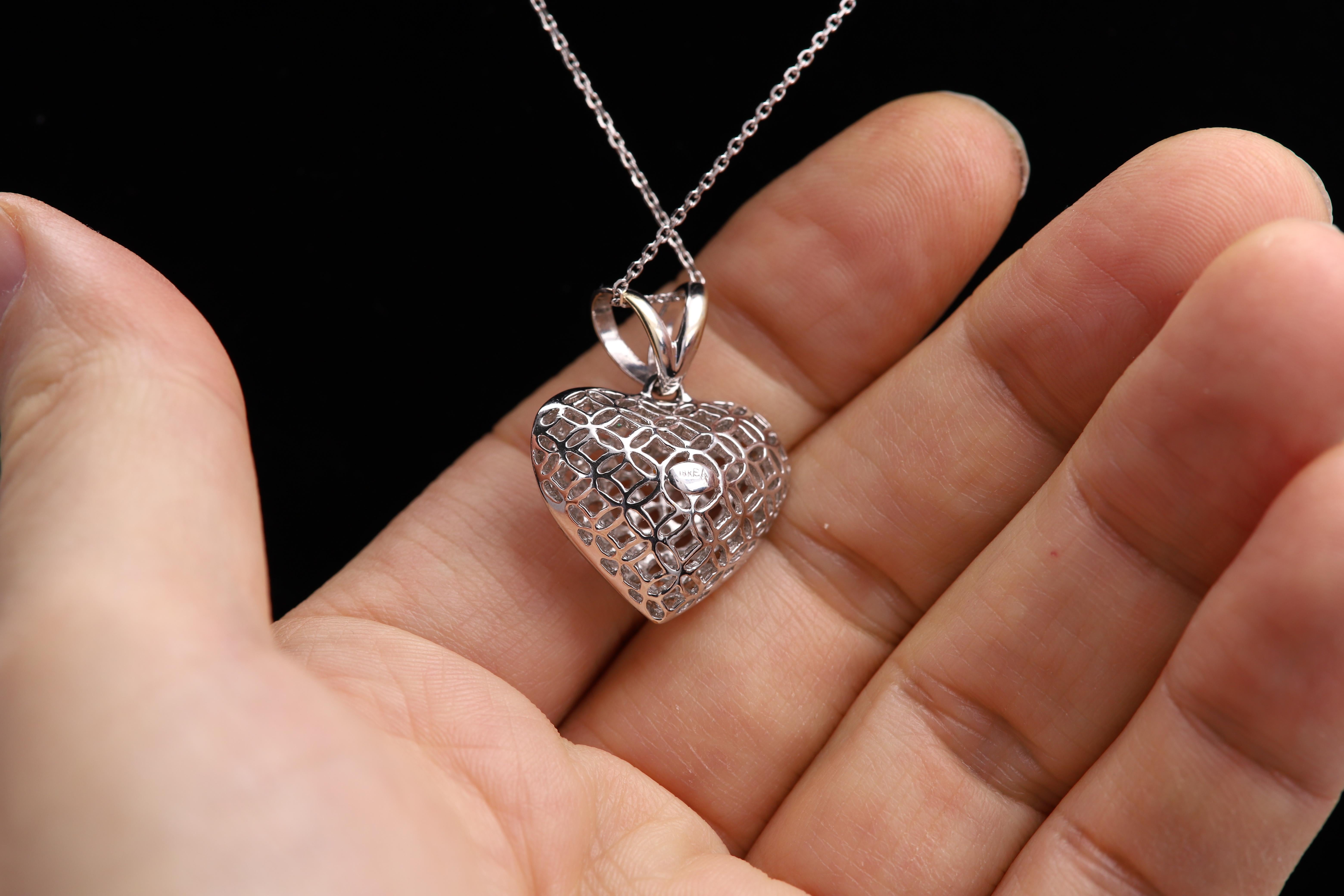 Diamond Puff Heart Necklace 18 Karat White Gold Natural Diamonds Heart ...