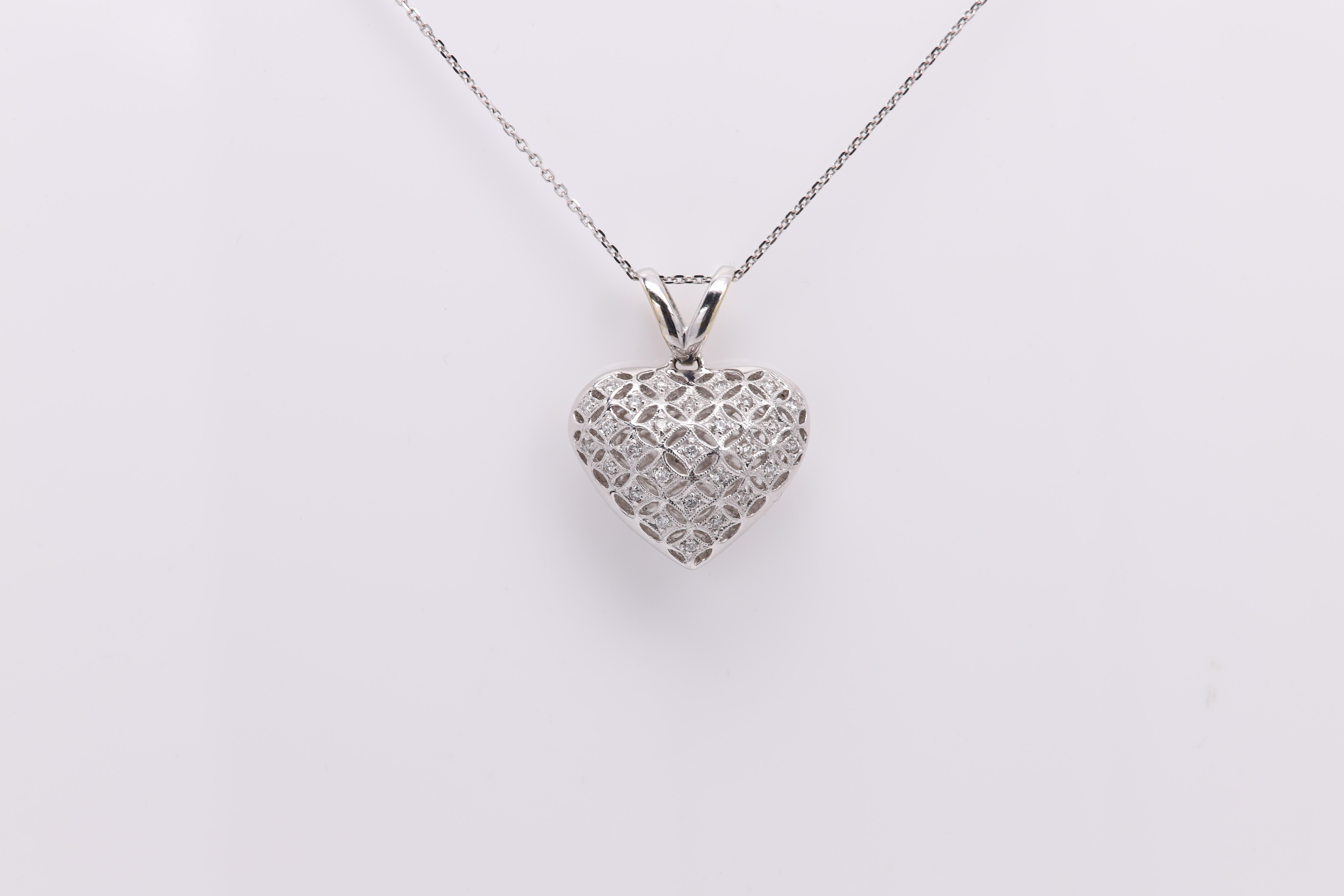 Diamond Puff Heart Necklace 18 Karat White Gold Natural Diamonds Heart ...