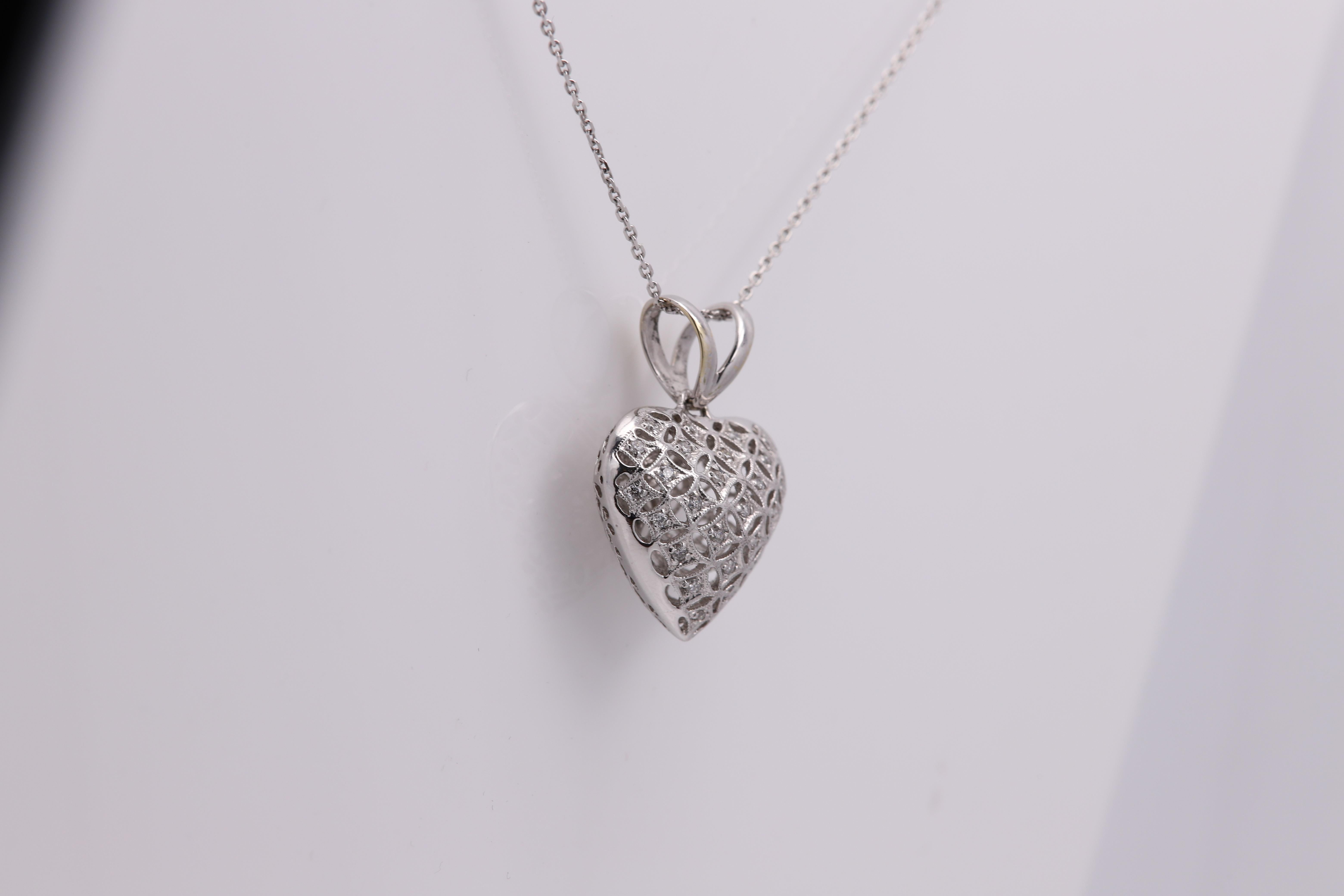 Diamond Puff Heart Necklace 18 Karat White Gold Natural Diamonds Heart ...