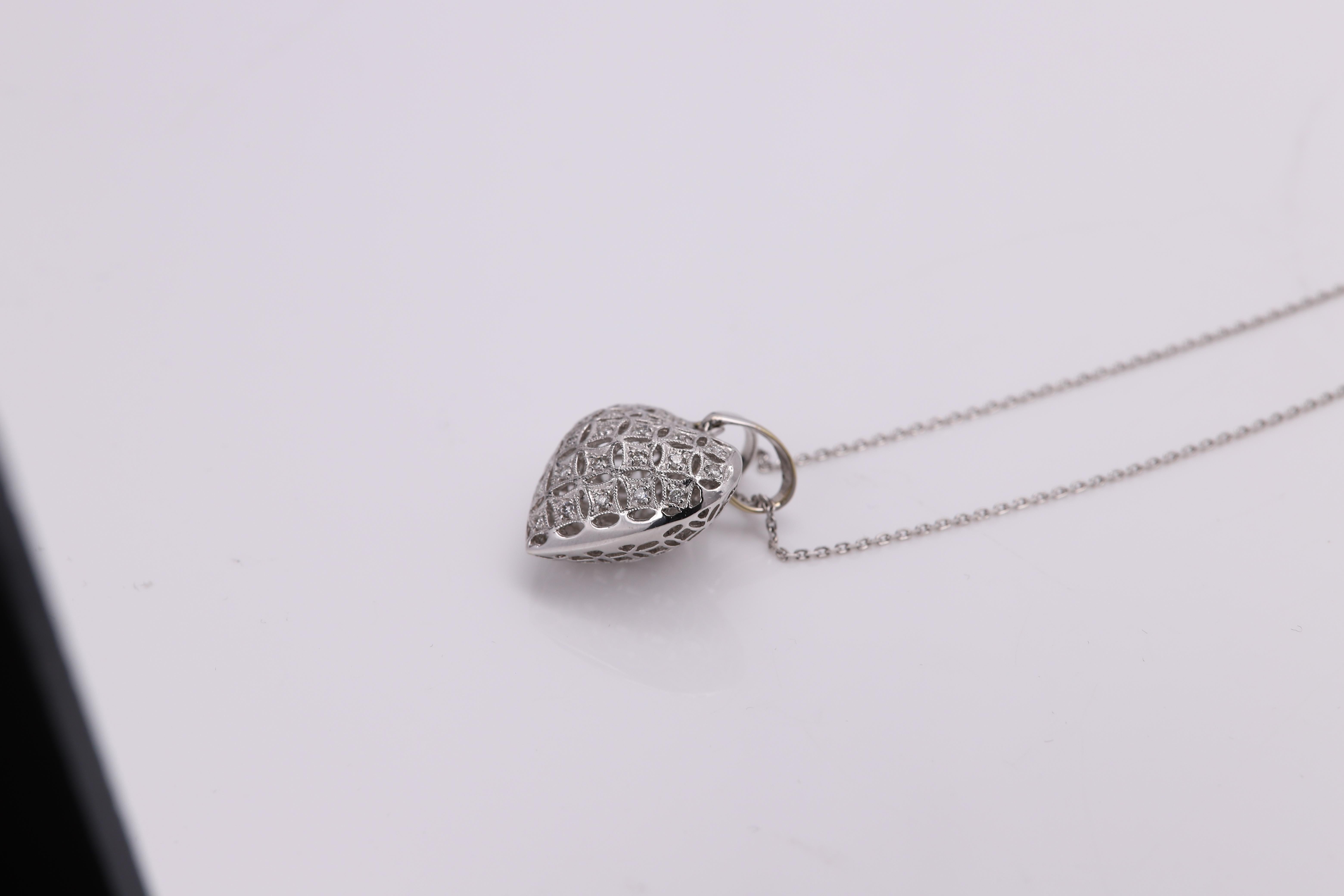 Diamond Puff Heart Necklace 18 Karat White Gold Natural Diamonds Heart ...