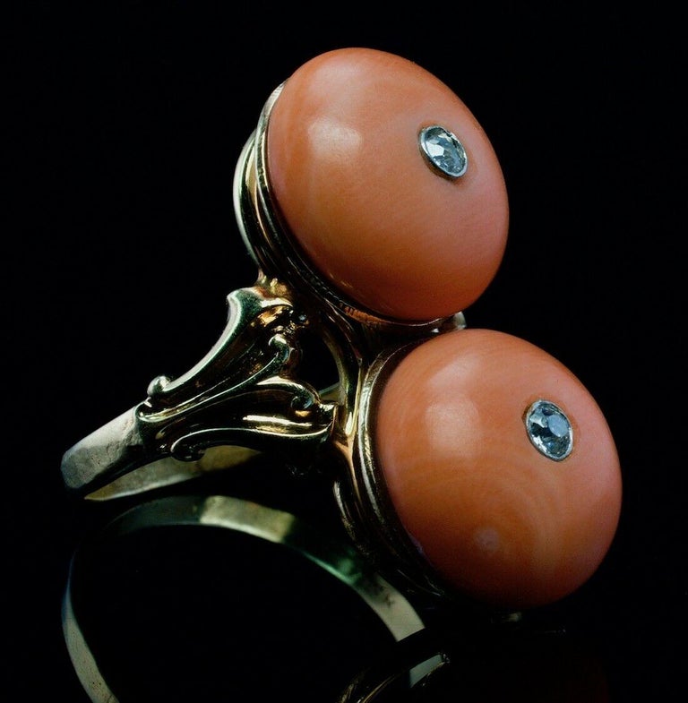 Diamond Red Sea Coral Ring 14K Gold Vintage For Sale at 1stDibs