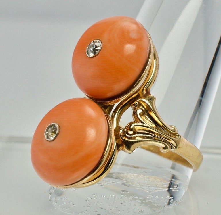 Diamond Red Sea Coral Ring 14K Gold Vintage For Sale at 1stDibs