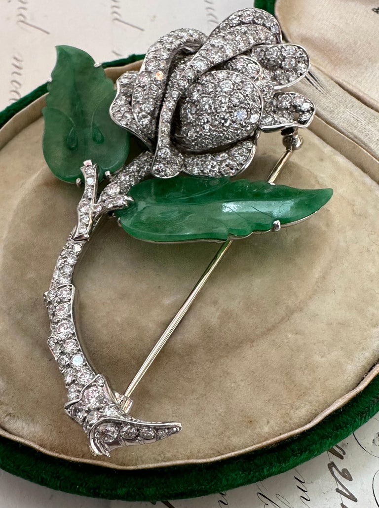 Diamond Rose Brooch with Carved Jade Leaves For Sale at 1stDibs