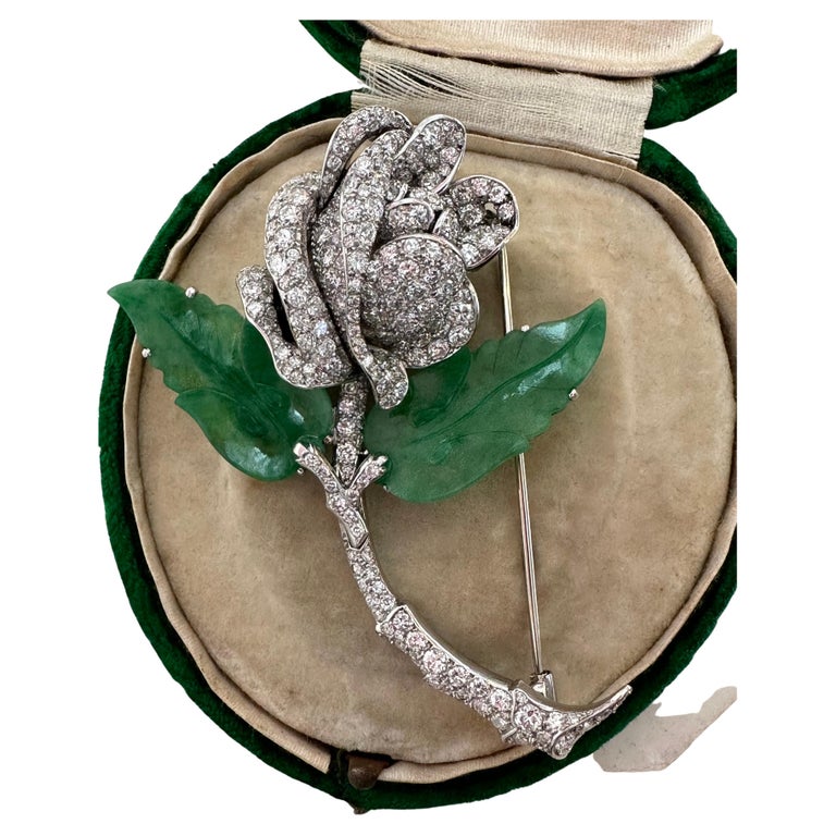 Diamond Rose Brooch with Carved Jade Leaves For Sale at 1stDibs