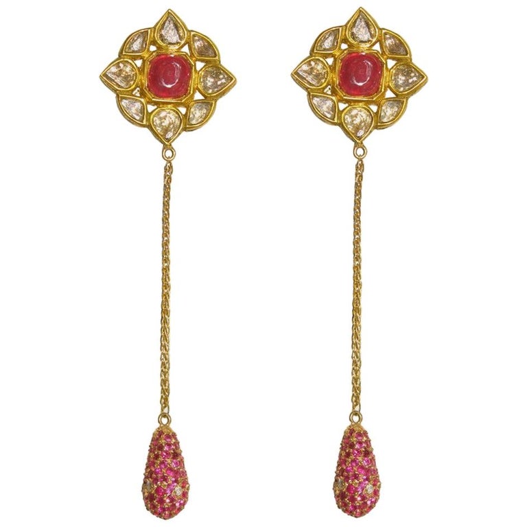 Rose cut Diamond Ruby 18 Karat Gold Earrings For Sale at 1stDibs