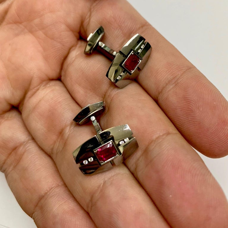 Diamond Ruby 18 Karat Black Gold Cufflinks and Ring Suite For Sale at ...
